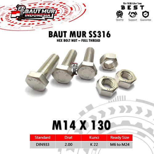 Jual HEX BOLT NUT STAINLESS SS316 - A4 BAUT DAN MUR M14X130 - Kab ...