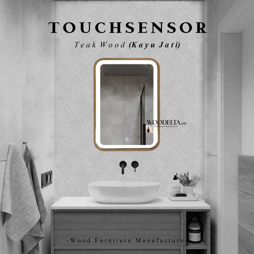 Promo Cermin kotak persegi touch sensor minimalis kaca kayu jati - 50 x ...
