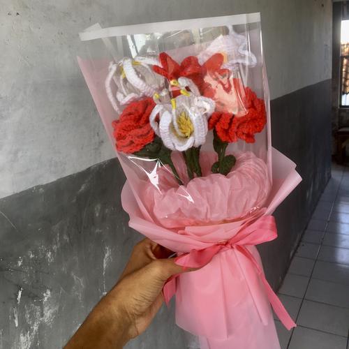 Jual buket bunga rajut crochet 5 bunga merah putih pink - Kab. Sleman ...