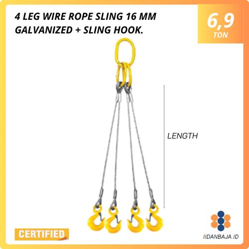 Jual 4 LEG WIRE ROPE SLING 16 MM GALVANIZED + SLING HOOK. SWL 6,9 TON ...