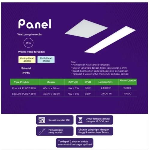 Jual Lampu Panel LED Ecolink PL007 36 Watt Ukuran 30x120 + KLIP PANEL ...