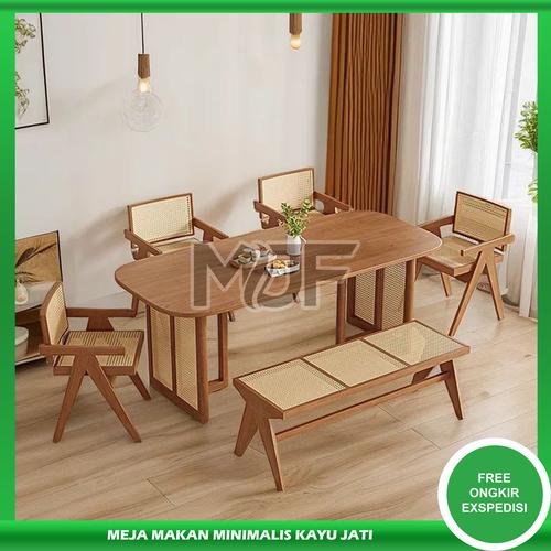 Jual Set Meja makan minimalis 4 kursi + bench kayu jati kombinasi rotan ...