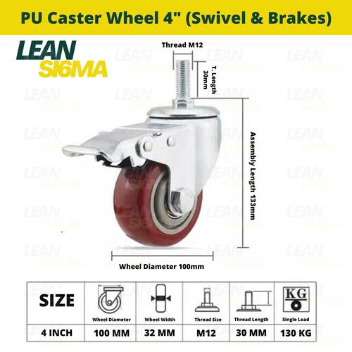 Jual Roda PU Merah Medium Duty Caster Wheel Drat 4 inch - Swivel ...
