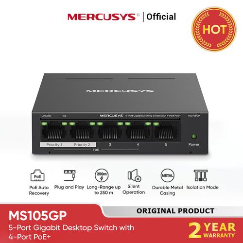 Promo MERCUSYS ms105gp 5-Port Gigabit Desktop Switch with 4-Port PoE+ ...