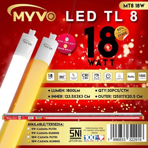 Jual Paket 1 Dus Lampu TL T8 LED 18 Watt Putih - Panjang 120cm MYVO T8 - KUNING WW 3000K - Kota ...