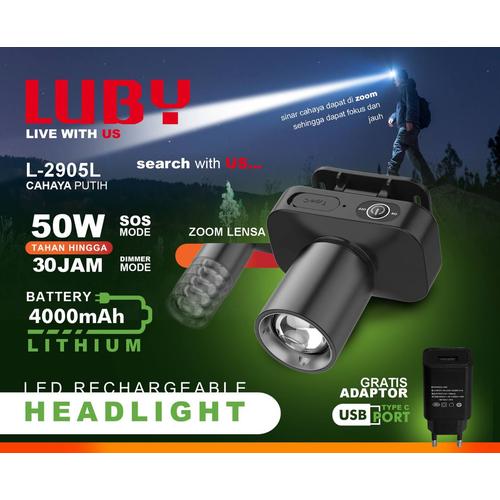 Jual Senter Kepala LED Zoom Super Terang Headlamp LUBY L-2905 50w - Cahaya kuning, 2905 NL ...
