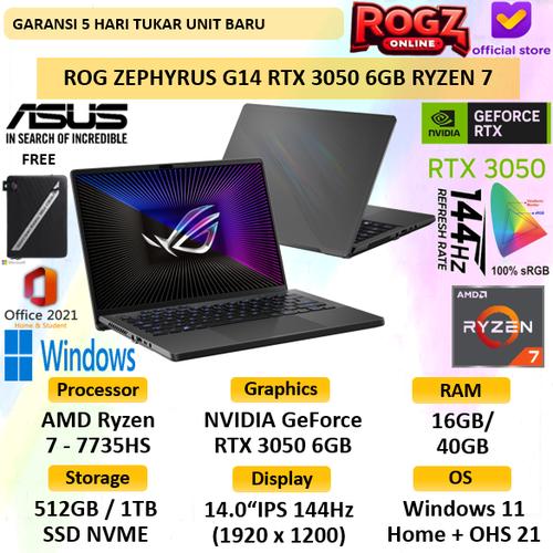 Promo Asus ROG Zephyrus G14 Ga402 RTX 3050 Ryzen 7 7735HS 40GB 1TB SSD W 11 + OHS - PAKET C, RAM ...