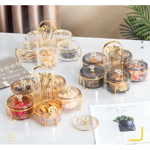 Jual 5 In 1 Tempat Snack Set Toples Bulat Kaca with Fork cemilan ...