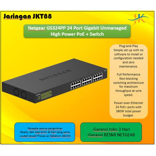 Jual Netgear GS324PP 24 Port Gigabit Unmanaged High Power PoE + Switch ...