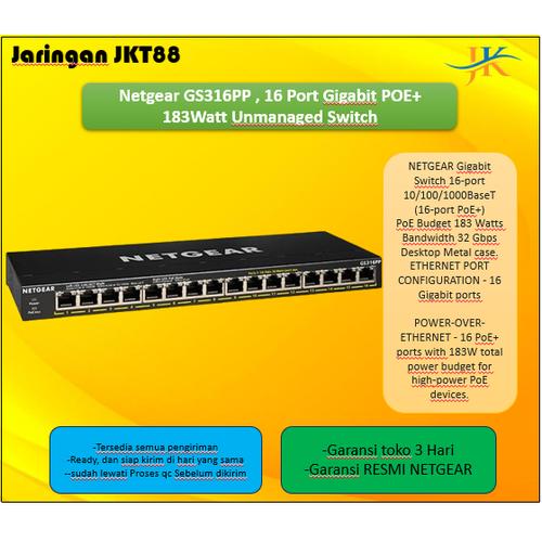 Jual Netgear GS316PP , 16 Port Gigabit POE+ 183Watt Unmanaged Switch ...