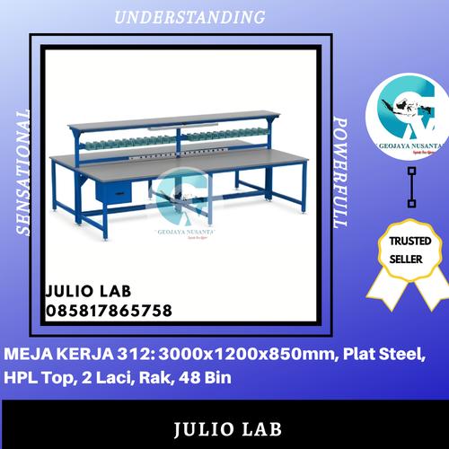 Jual MEJA KERJA 312: 3000x1200x850mm, Plat Steel, HPL Top, 2 Laci, Rak ...