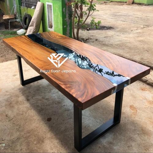 Jual meja makan 2 meter / meja trembesi / meja kayu solid river kaca ...