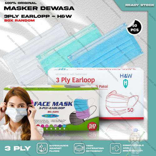 Promo MASKER MEDIS 3PLY H&W 50PCS BIRU HIJAU HITAM WARNA EARLOOP MASK 3 ...