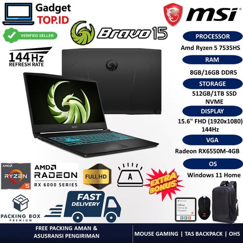 Jual msi bravo 15 c7ve amd ryzen 5 7535Hs 16Gb 512Gb Ssd RX6550m 144Hz ...