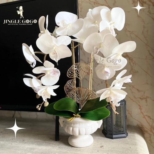 Jual Rangkaian Bunga Anggrek Latex ( dengan Vas Keramik Putih Gold ...