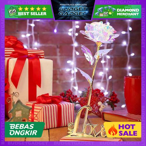 Jual Bunga Mawar Dekorasi Valentine Artificial Rose Gold Foil + Holder ...