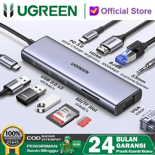 Jual UGREEN USB Hub Type C To RJ45 HDMI 4K VGA SD Card Aux 3.5mm 15601 ...