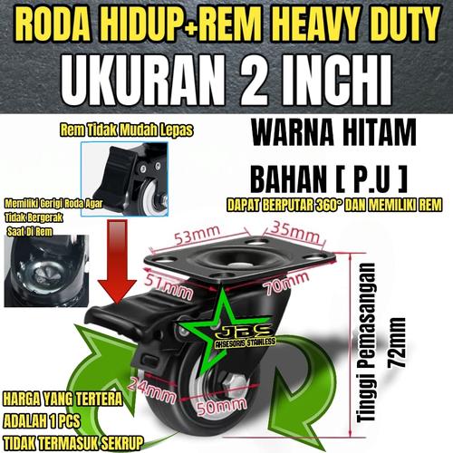 Jual RODA TROLI 2" INCH HEAVY DUTY HITAM PU PVC + BEARING - RODA CASTER ...
