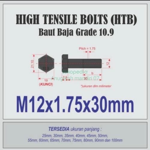 Jual baut mur baja 10.9 - M12 x 30mm - high tensile bolt ( HTB ...