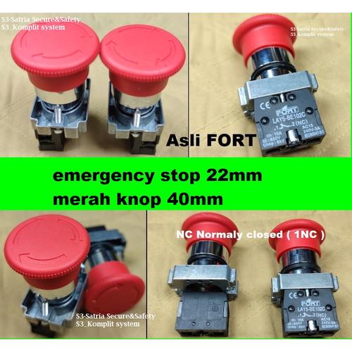 Jual tombol emergency stop Fort 22mm NC 1NC merah knop 40mm push button ...