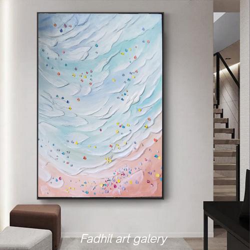 Jual lukisan tangan ombak pantai lukisan canvas besar Seni dekorasi ...