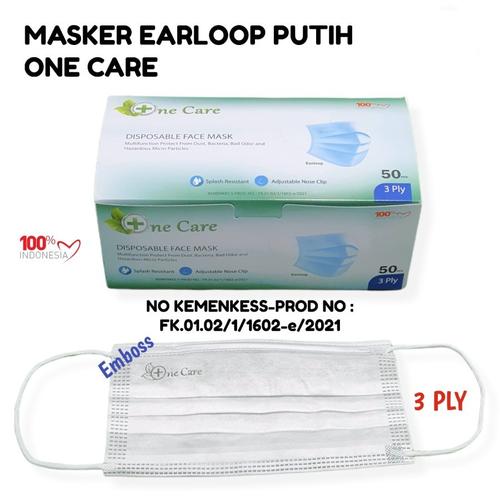 Jual MASKER ONE CARE 3PLY 50PCS EARLOOP PUTIH ADA EMBOSS ORIGINAL ...