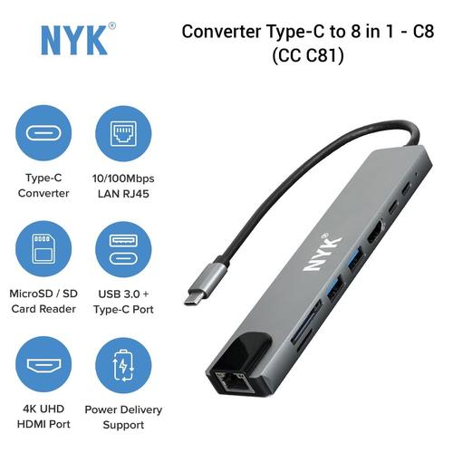 Jual NYK C8 Converter 8 in 1 Type C to Hub USB Lan HDTV Card Reader ...