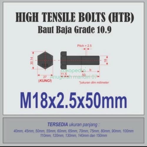 Jual baut mur baja 10.9 - m18 x 50mm - high tensile bolt ( HTB ...