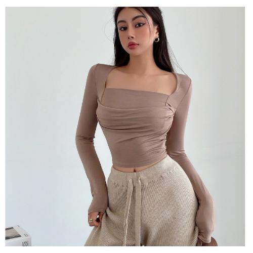 Jual TH Square Neck Cewek Atasan Sexy Long Sleeve Plain Crop Top wani ...