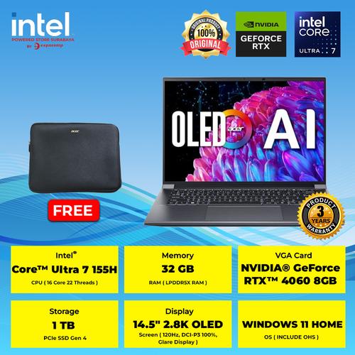 Jual ACER SWIFT X SFX14-72G-70K8 GREY ULTRA 7-155H RTX4060 32GB 1TB W11+OHS - Kota Surabaya ...