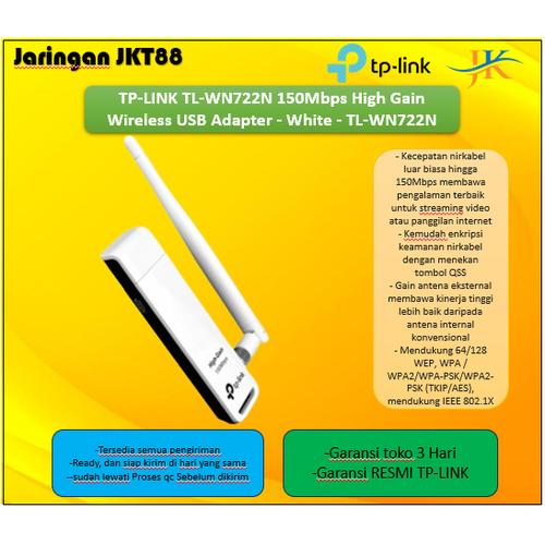 Jual TP-LINK TL-WN722N 150Mbps High Gain Wireless USB Adapter - White ...