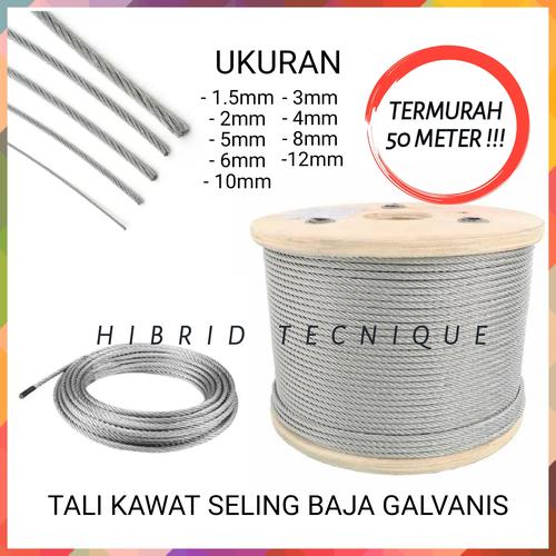 Promo Kawat Tali Seling Baja galvanis 1 2 3 4 5 6 8 10 12mm sling wire rope - 1.5mm, 50 Meter ...