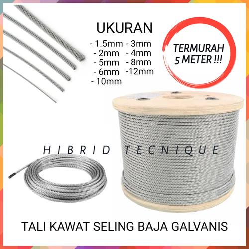 Promo Tali Kawat Seling Baja galvanis wire rop sling 1 2 3 4 5 6 8 10 12 mm - 1.5mm, 5 METER ...