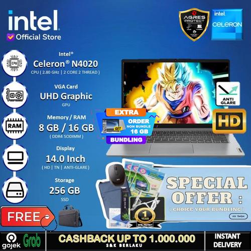 Promo LENOVO Ideapad Slim 1 14IGL7 - Celeron N4020 RAM 8GB 256GB SSD 14" HD - Non Bundle, 8GB ...