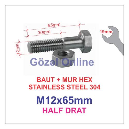 Jual M12 x65mm HALF DRAT Baut +mur hex Stainless Steel 304 Stenlis SUS304 - Kota Bekasi - Gozel ...