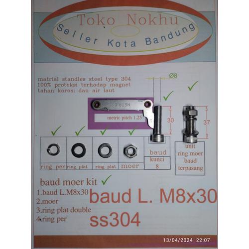 Jual baud L m8x30 ss 304 type A2-70 kit (moer, baud, ring per& ring ...