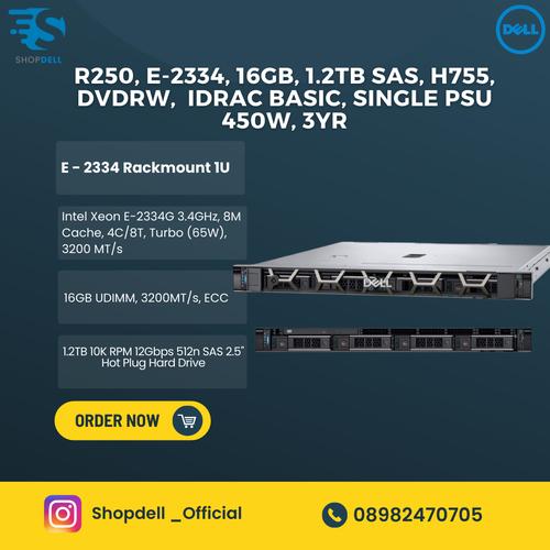 Jual R250, E-2334, 16GB, 1.2TB SAS, H755, DVDRW, Idrac Basic, Single ...