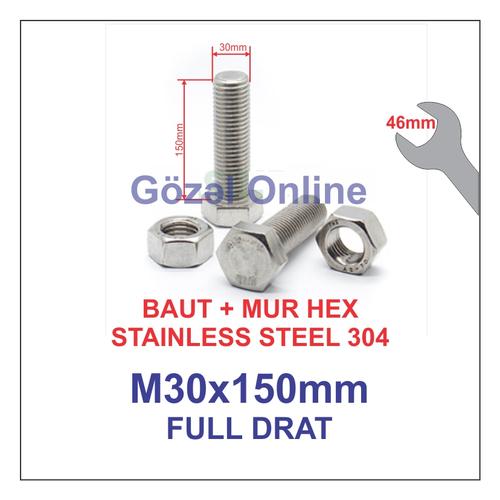 Jual M30 x150mm FULL DRAT - Baut mur hex Stainless Steel 304 Stenlis ...