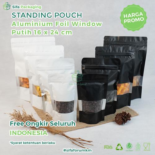 Jual Standing Pouch 16x24 Ziplock Foil Window Plastik Klip Full Alumunium Foil Warna Putih ...