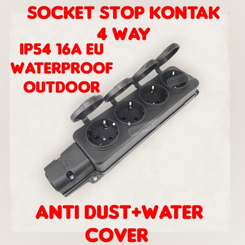 Jual stop kontak waterproof outdoor IP54 16A EU 4 way soket + penutup ...