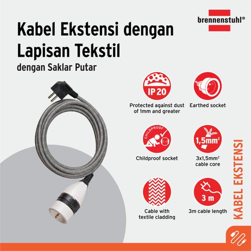 Promo Sambungan Kabel 1 Lubang Brennenstuhl Kabel 3M Textile extension ...