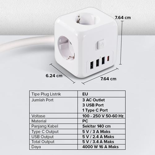 Promo Stop Kontak Colokan listrik 7 in 1 USB Type C Port Cube Wall ...