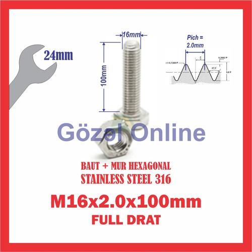Jual Baut Mur hex M16 x2.0 x100mm FULL DRAT Stainless Steel 316 SS316 ...