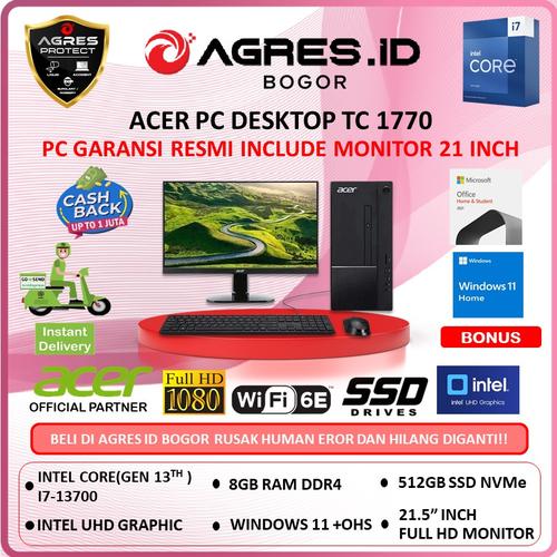 Promo Acer PC Desktop TC 1770 Intel i7 13700 8gb 512gb W11+OHS +LED 21. ...
