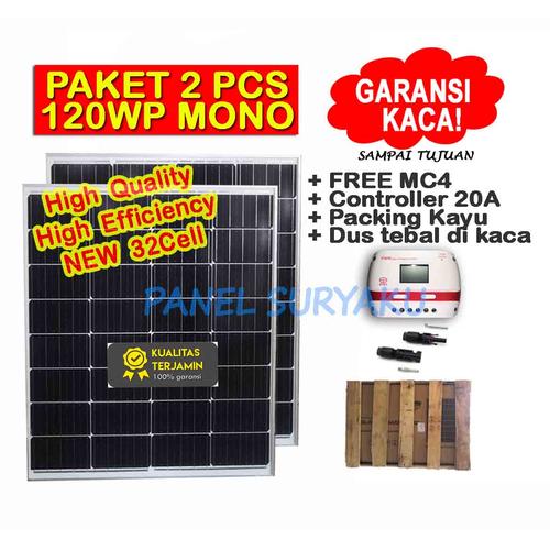 Promo Paket 2pcs Solar Panel Surya 120wp Mono + SCC 20A & Packing Kayu ...