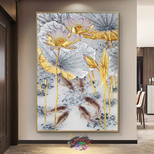 Jual Lukisan Tangan Abstrak Modern Koi Fish Texture Gold 80x120 + Frame ...
