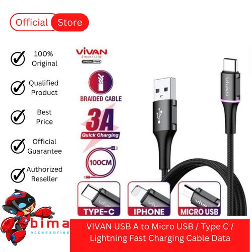 Jual VIVAN USB A to Micro USB / Type C / Lightning Fast Charging Cable Data - Type C, 1 meter ...