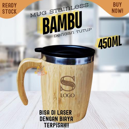 Jual MUG Kantor stainless bamboo 450ml gelas air bambu dengan tutup ...