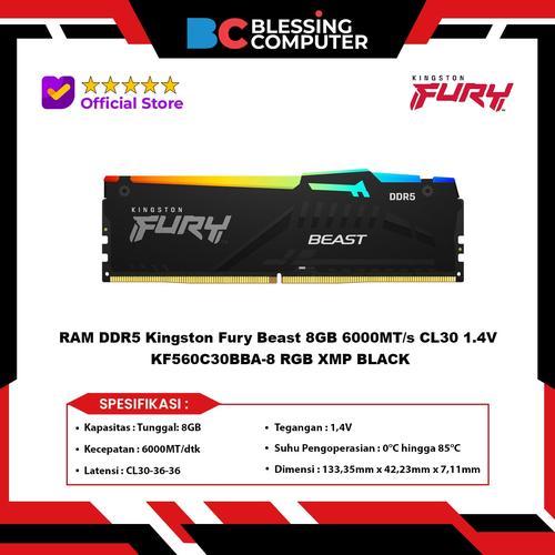 Promo RAM DDR5 Kingston Fury Beast 8GB 6000MT/s CL30 1.4V KF560C30BBA-8 RGB XMP BLACK Cicil 0% ...