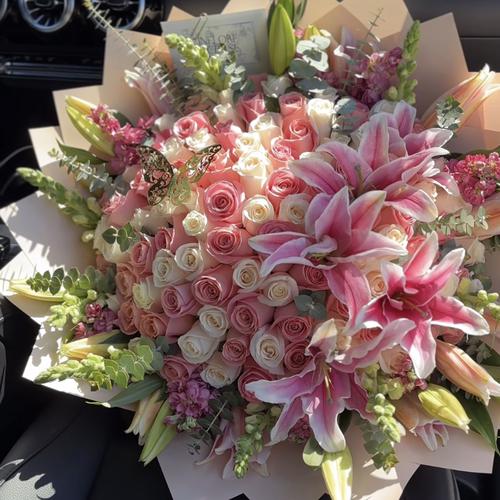 Jual The perfect sunrises lilies and roses mix bouquets bucket buket ...